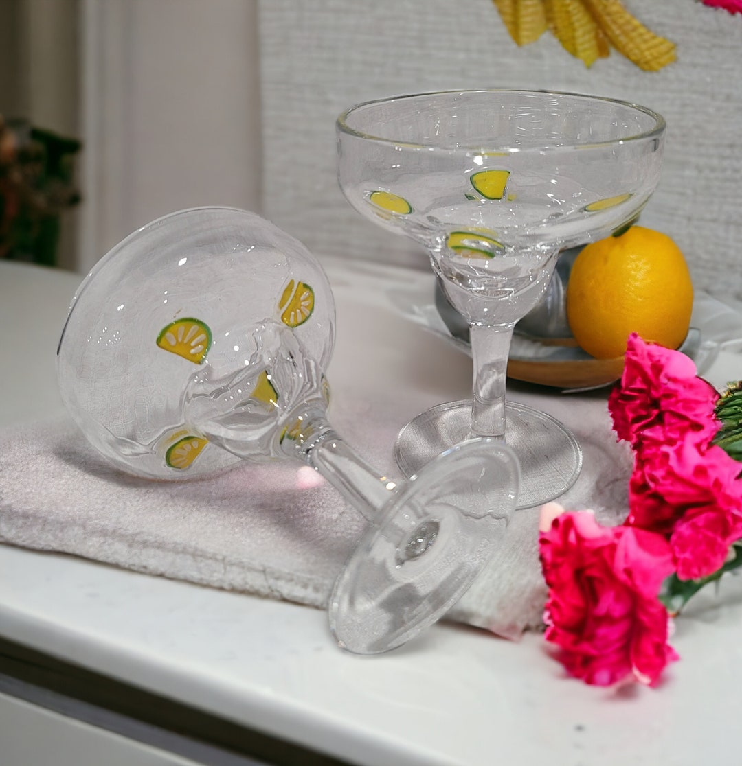 Lemon Margarita Glasses, Hand-blown Cocktail Glasses, Fused Glass Fruit ...