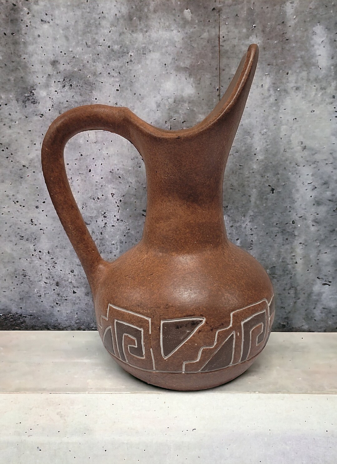 Vintage Aztec Style Pitcher Vase, Vtg Handmade Mexican Pitcher, Indoor ...