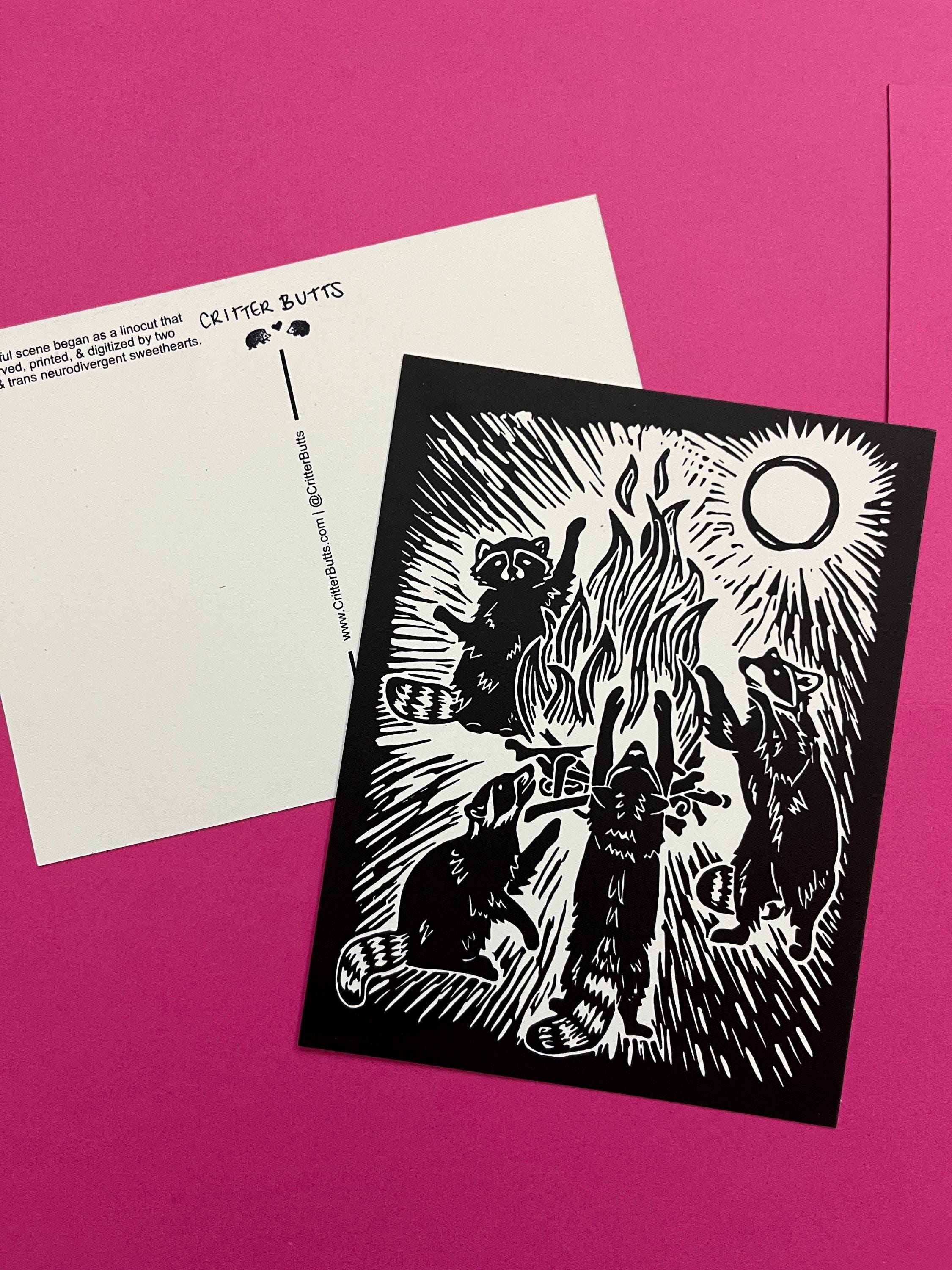 Raccoon Bonefire Dance - Postcard, 100% Recycled, Trash Friends, Spooky ...