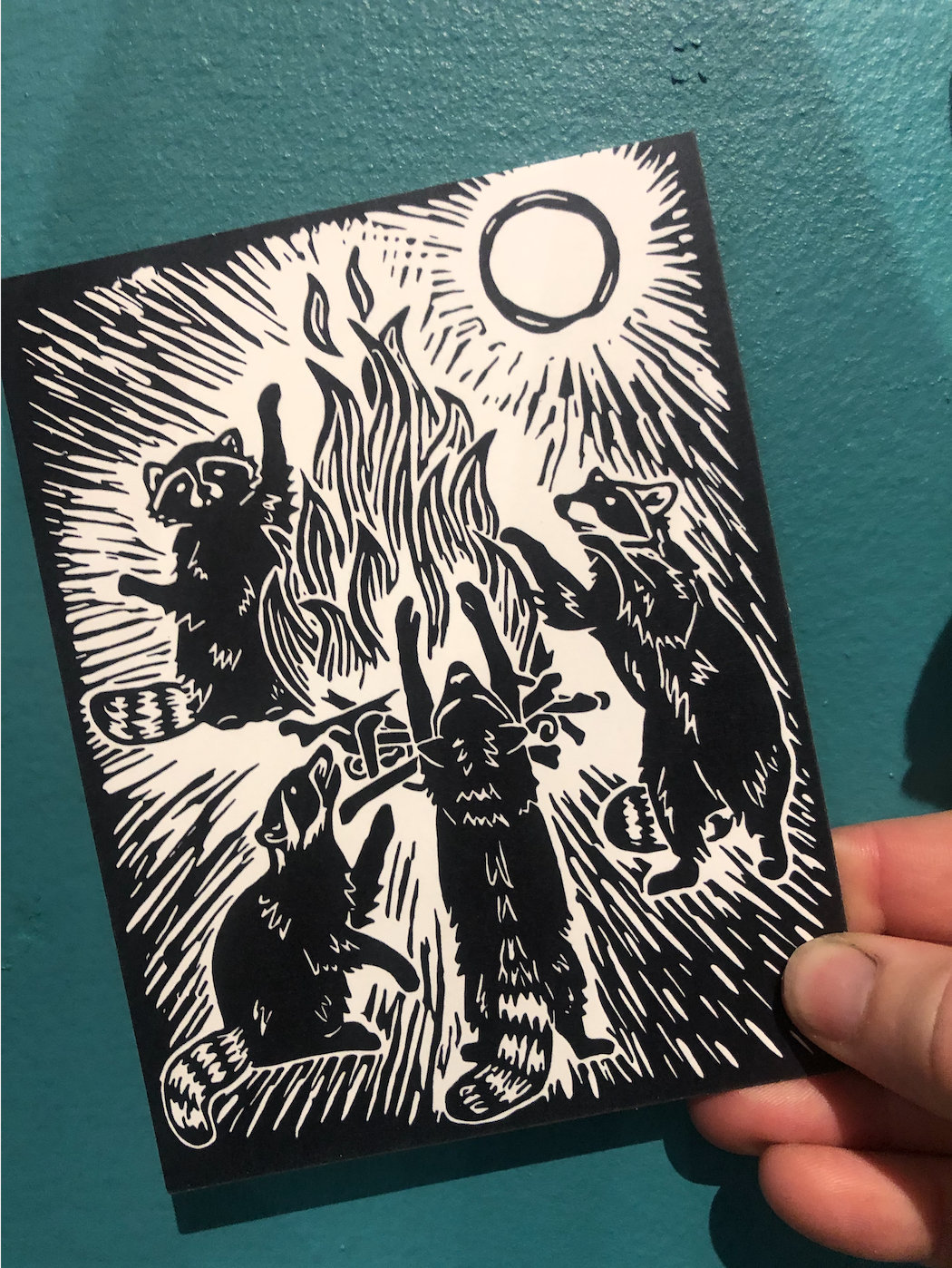 Raccoon Bonefire Dance - Postcard, 100% Recycled, Trash Friends, Spooky ...