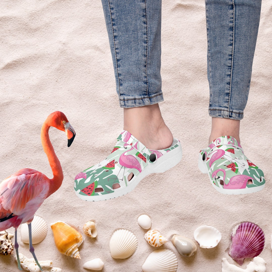 Pink Flamingo & Watermelon Slices Summer Clogs Shoe, Slip on Shoe ...