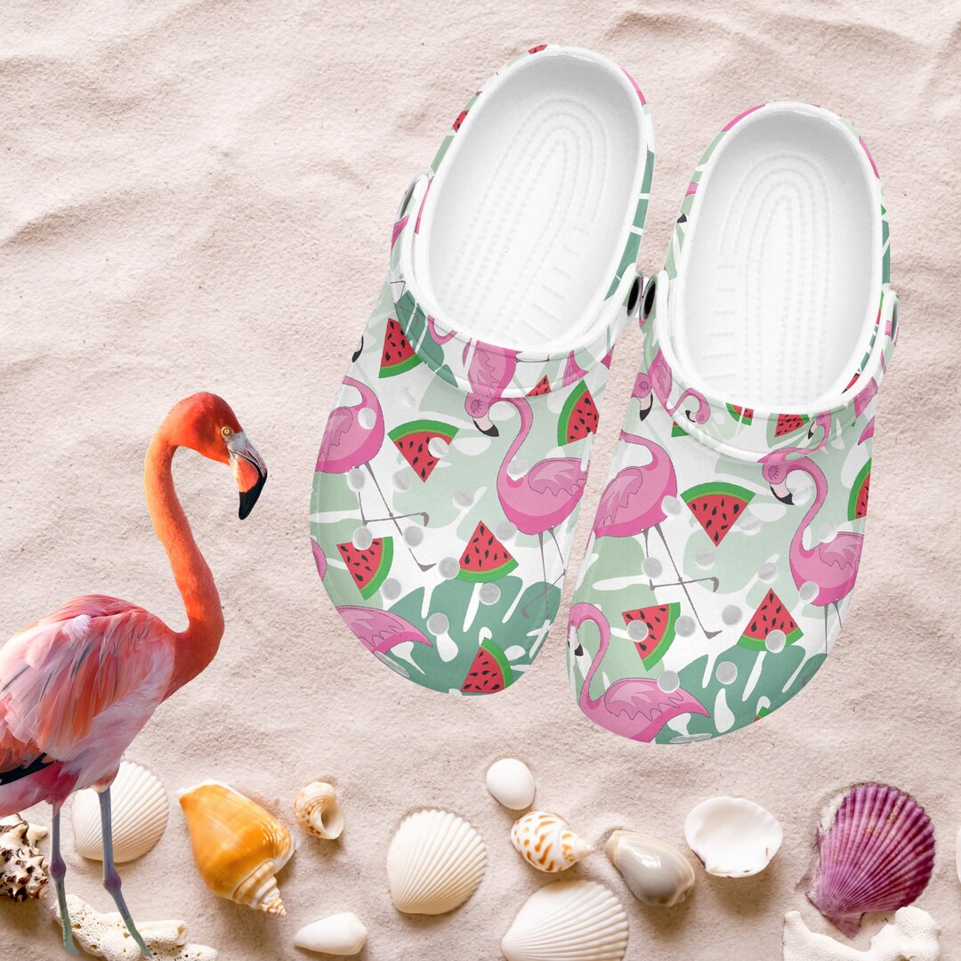 Summer Pink Flamingo and Watermelon Clogs Shoe, Slip on Shoe, Flamingo ...