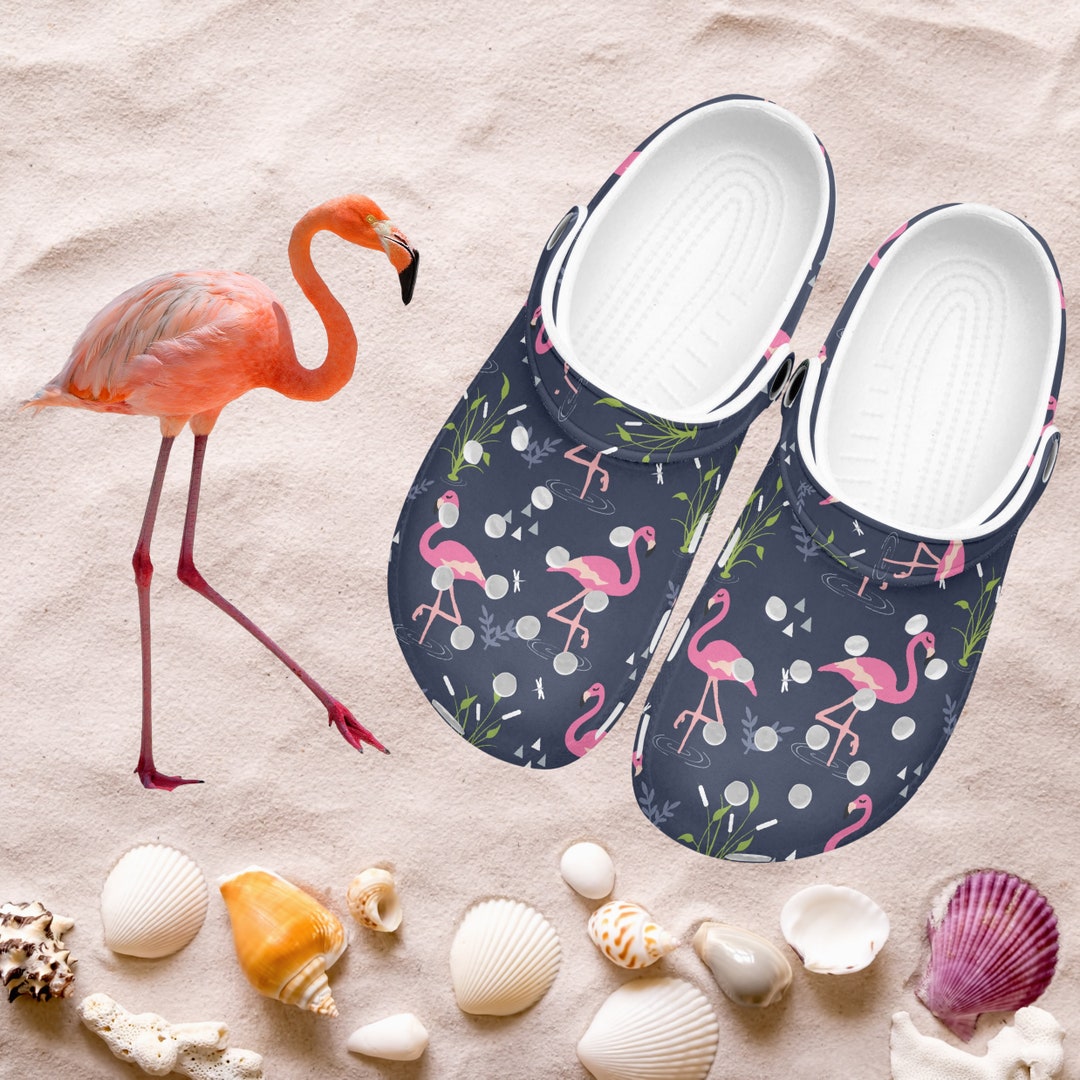 Midnight Blue & Pink Flamingo Clogs Shoe, Slip on Shoe, Flamingo Lovers ...
