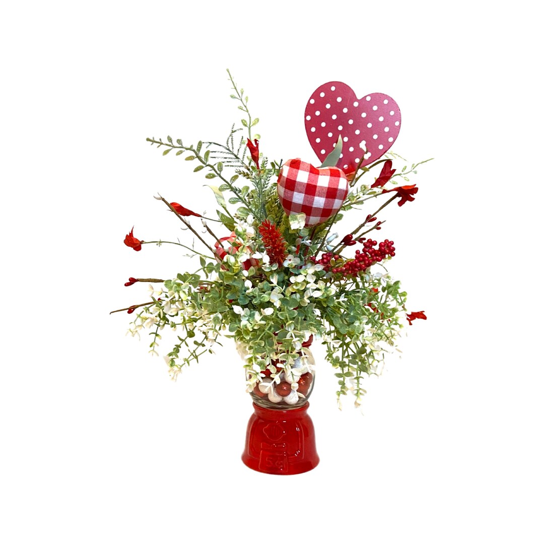 Valentine's Day Gumbo Machine Arrangement With Red Hearts and Florals ...