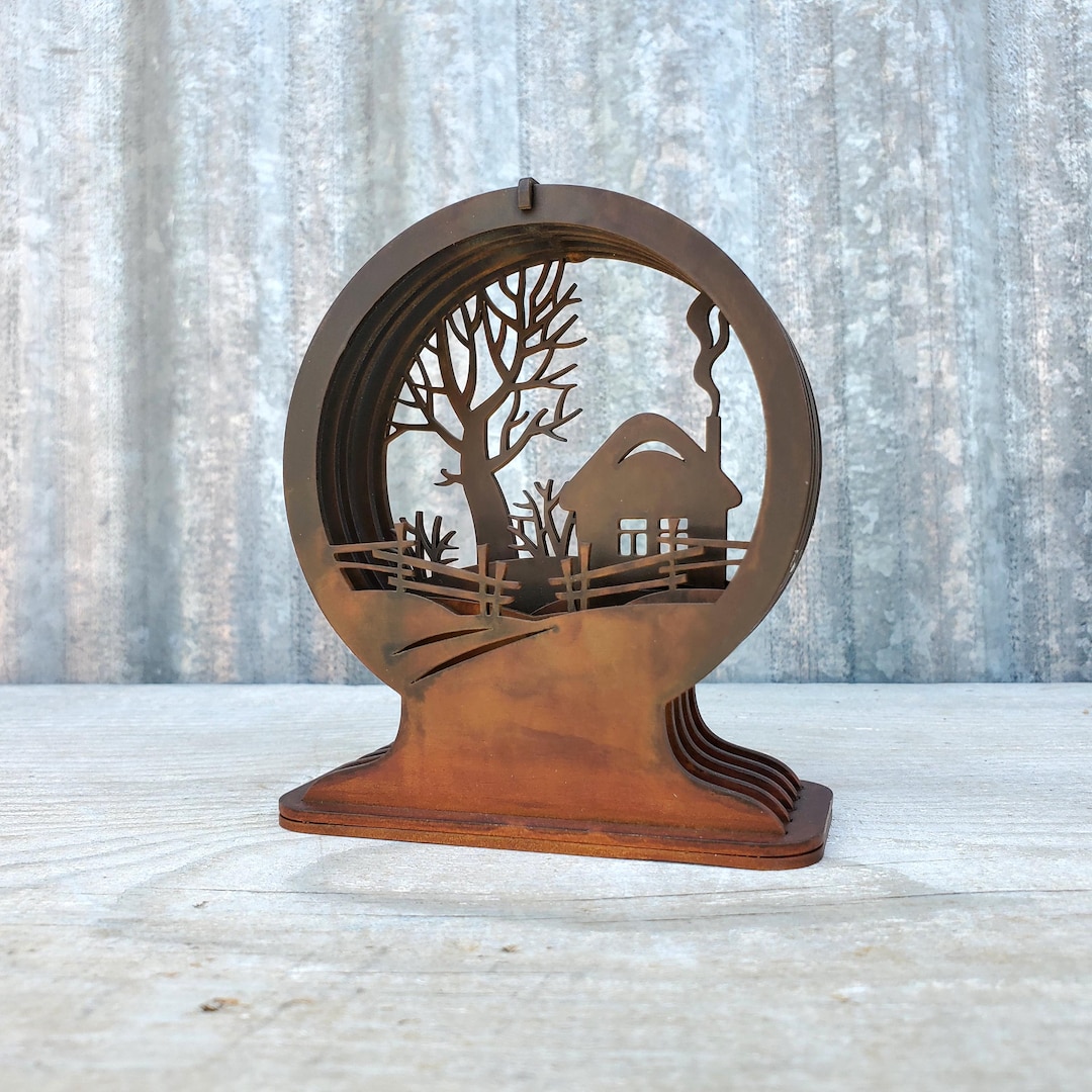 Rusted Metal Country House Layered Sculpture — 3D Steel Shelf Decor or ...