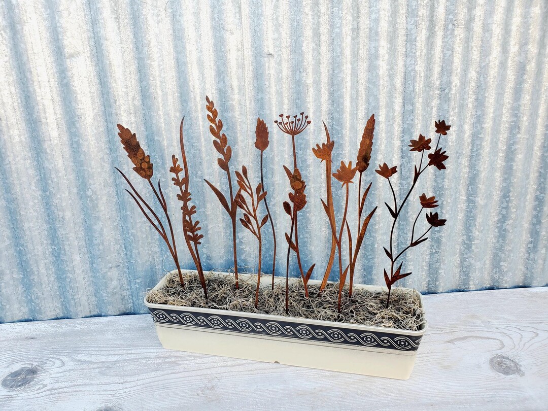 12 Piece Rusted Metal Flower Set - Rusty Wildflower Bouquet for Plant ...