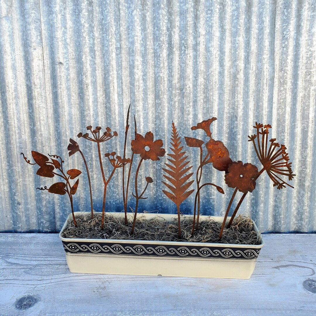 Set of 10 Rusted Metal Wildflowers – Rustic Indoor & Outdoor Decor ...