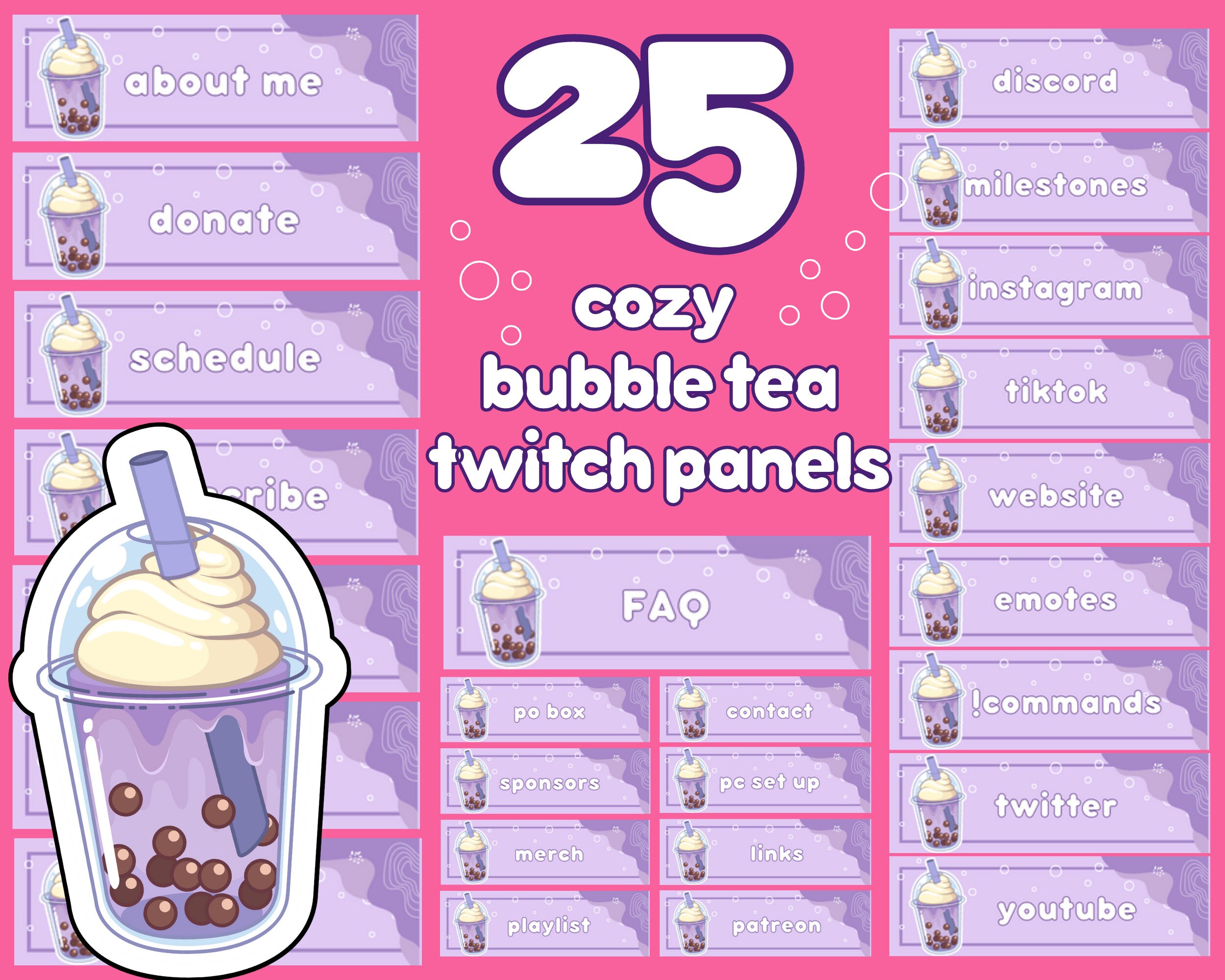 Cozy Twitch Panels, Bubble Tea Twitch Stream Pack, Cute Twitch Panels ...