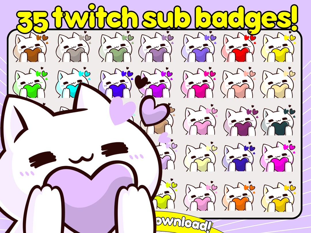 Cat Sub Badges Twitch, Cute Cat Sub Badges, White Cat Sub Badges, Heart ...
