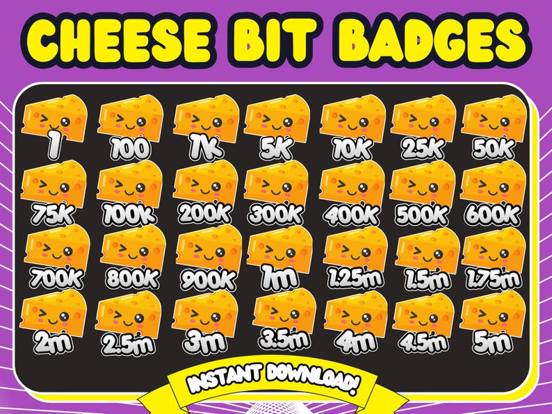 Cheese Bit Badges, Cute Twitch Bits Badge, Cute Food Bits Badges, Chibi ...