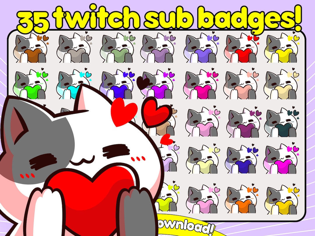 Cat Sub Badges Twitch, Cute Cat Sub Badges, White Cat Sub Badges, Heart ...