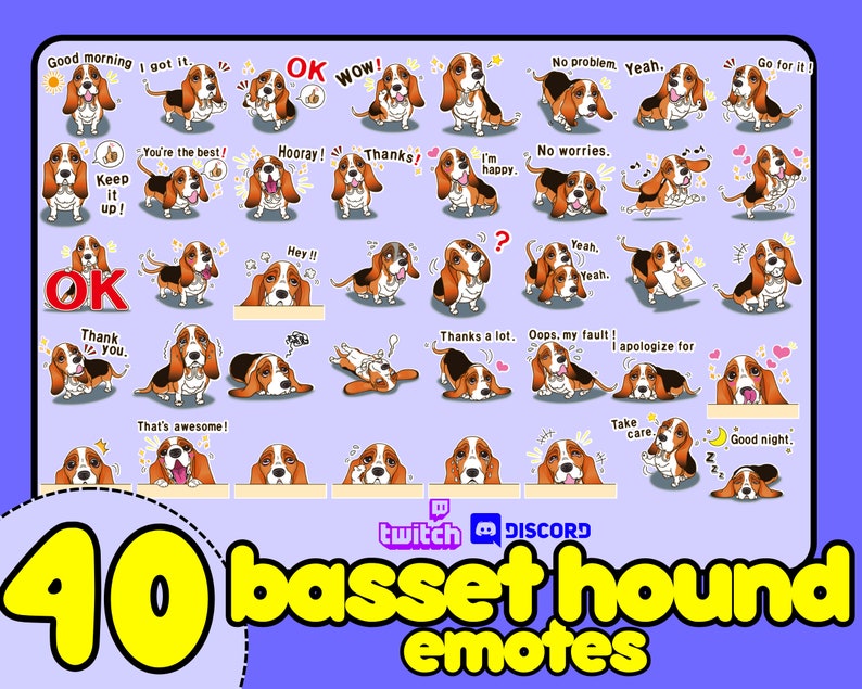 40 Basset Hound Twitch Emotes Bundle, Beagle Emotes Dog Megapack, Hound ...