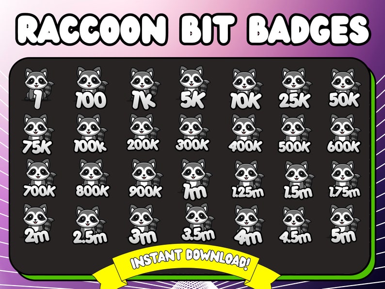 Twitch Bit Badges | Twitch Bits Raccoon Badges | Raccoon Sub Badges ...
