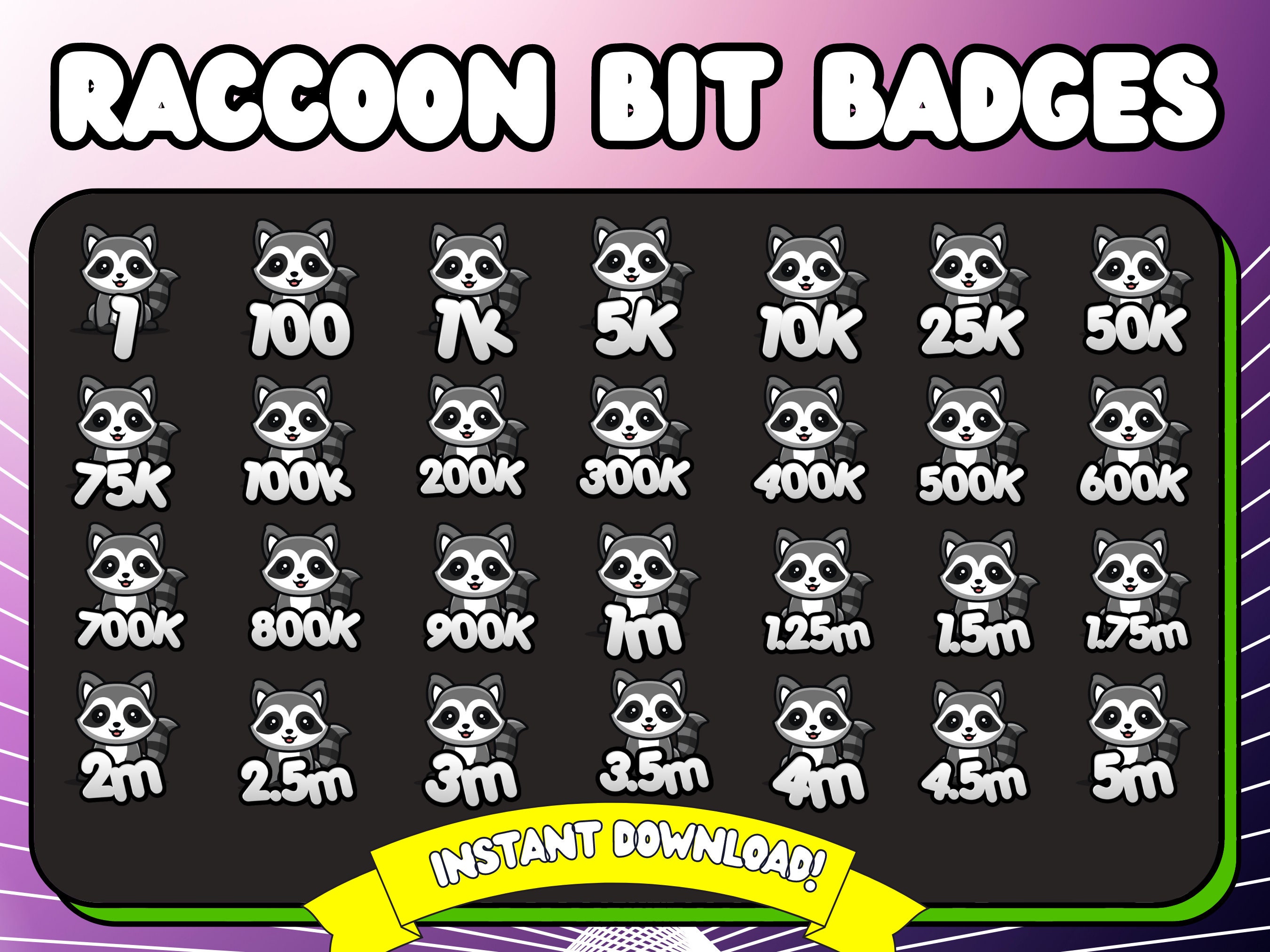 Twitch Bit Badges | Twitch Bits Raccoon Badges | Raccoon Sub Badges ...