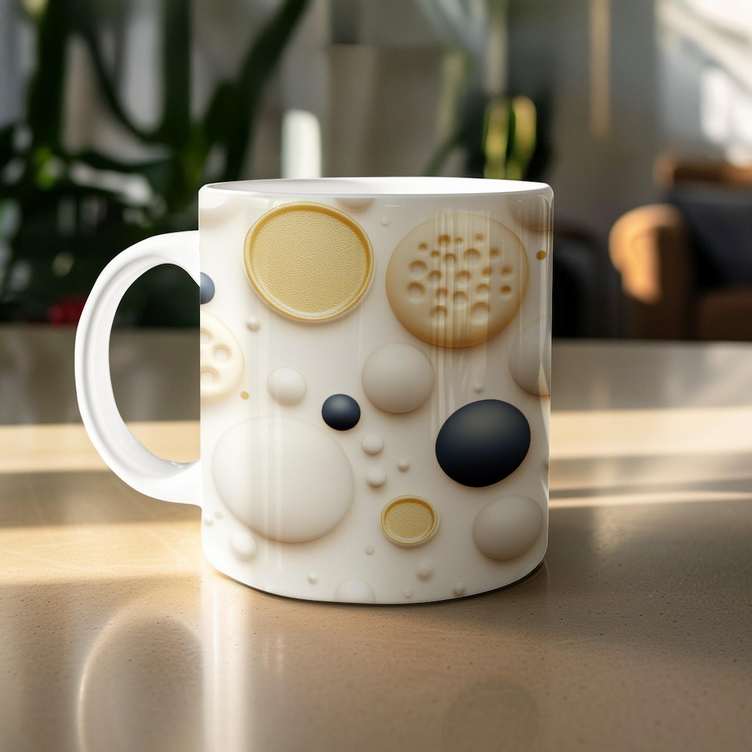 Abstract Sphere Pattern Mug, White Gold Navy Blue Geometric Orb Design ...