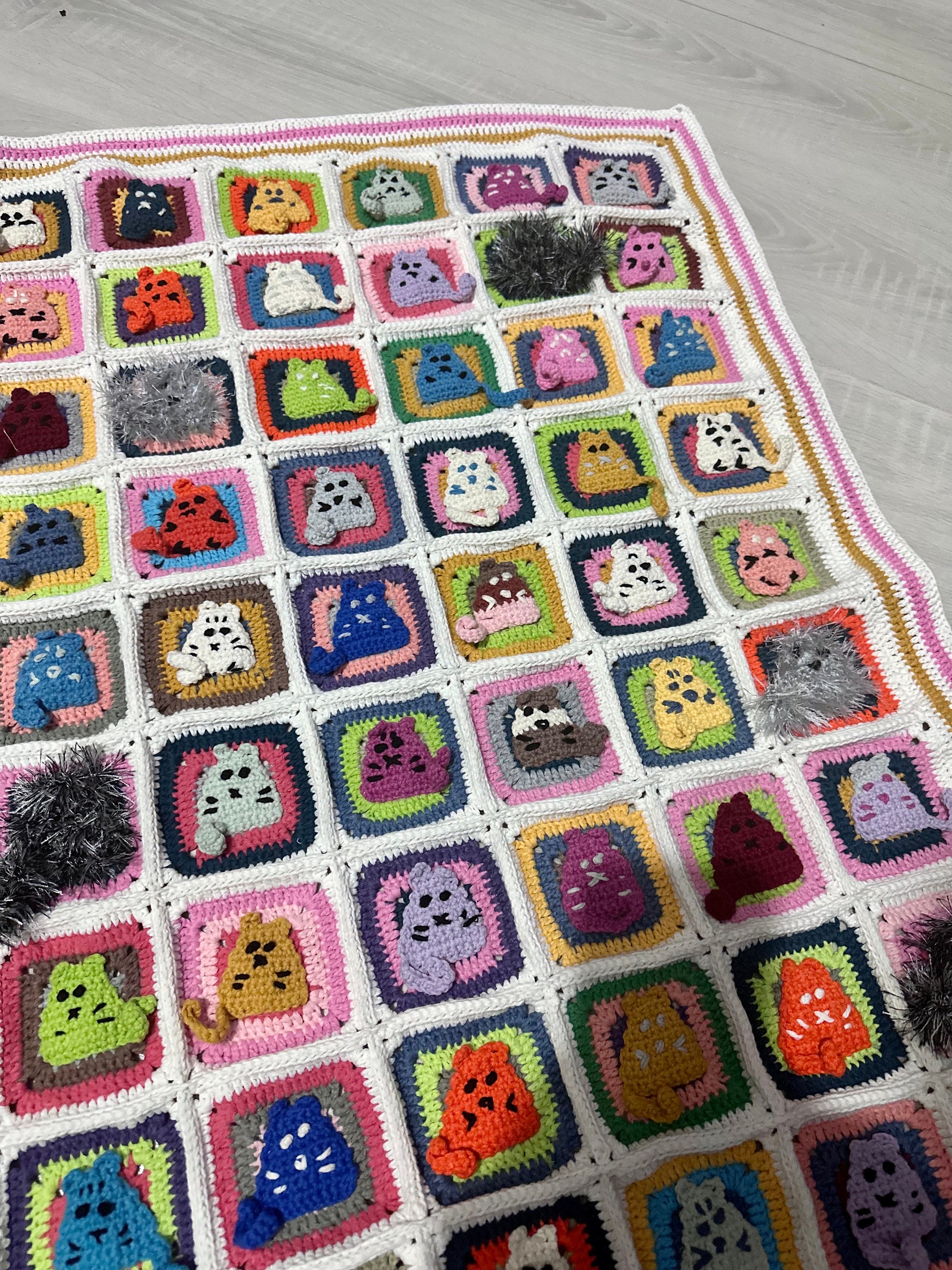Cat Crochet Blanket, Many Cat Crochet Square Blanket, Colorful Afghan ...