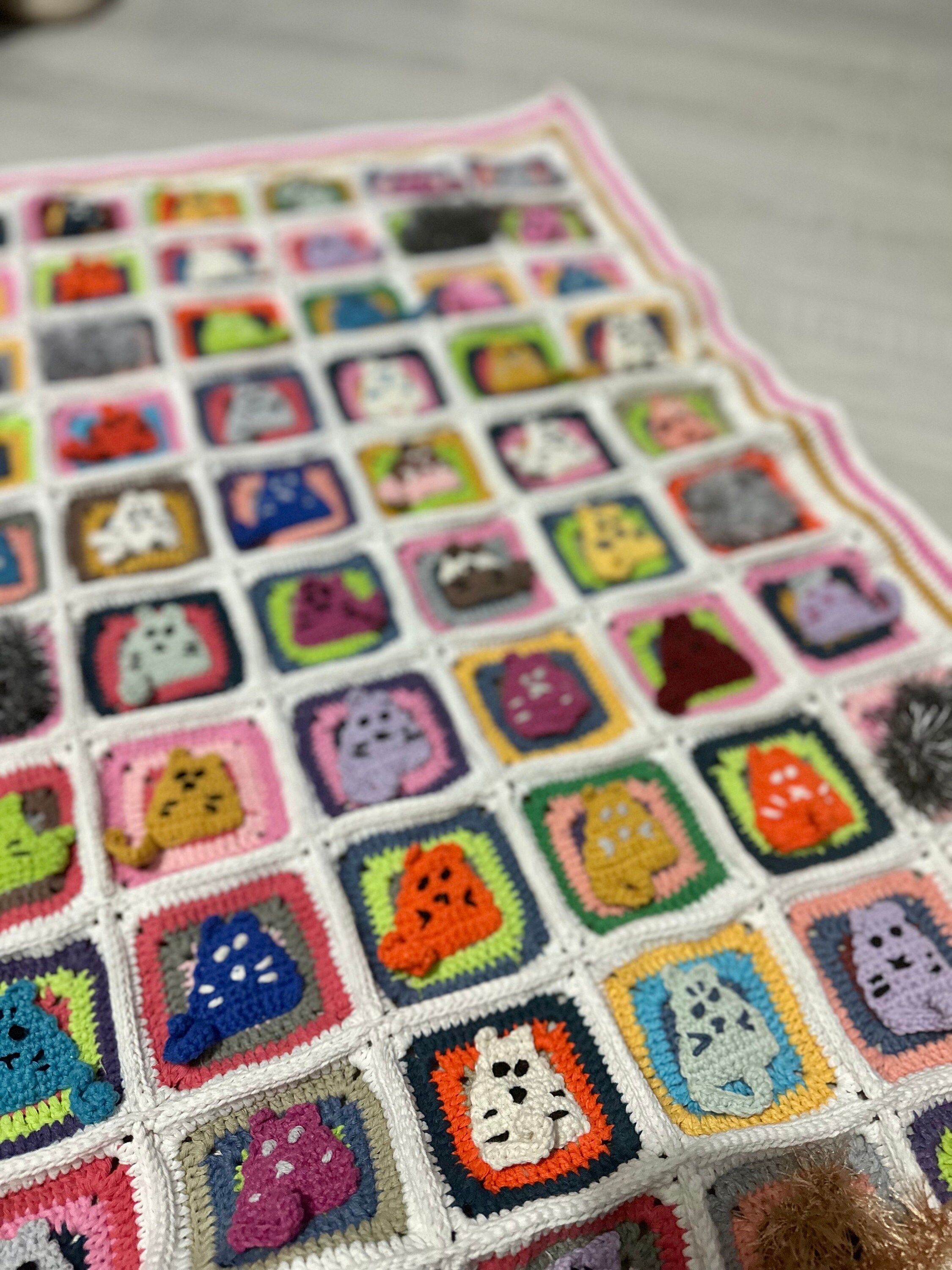 Cat Crochet Blanket, Many Cat Crochet Square Blanket, Colorful Afghan ...