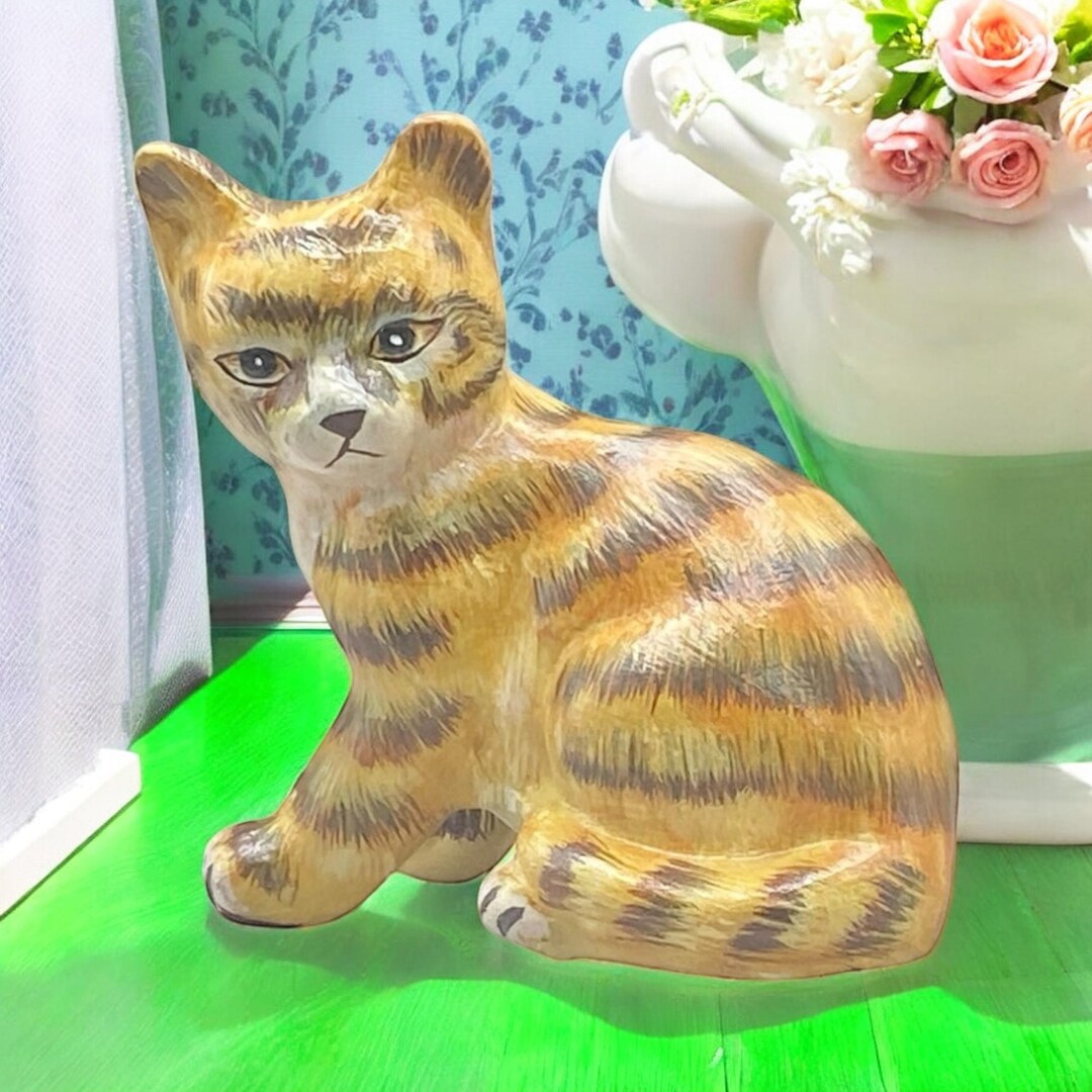 Swedish Vintage Ceramic Cat. Golden Brown W. Brown Stripes. Hand ...