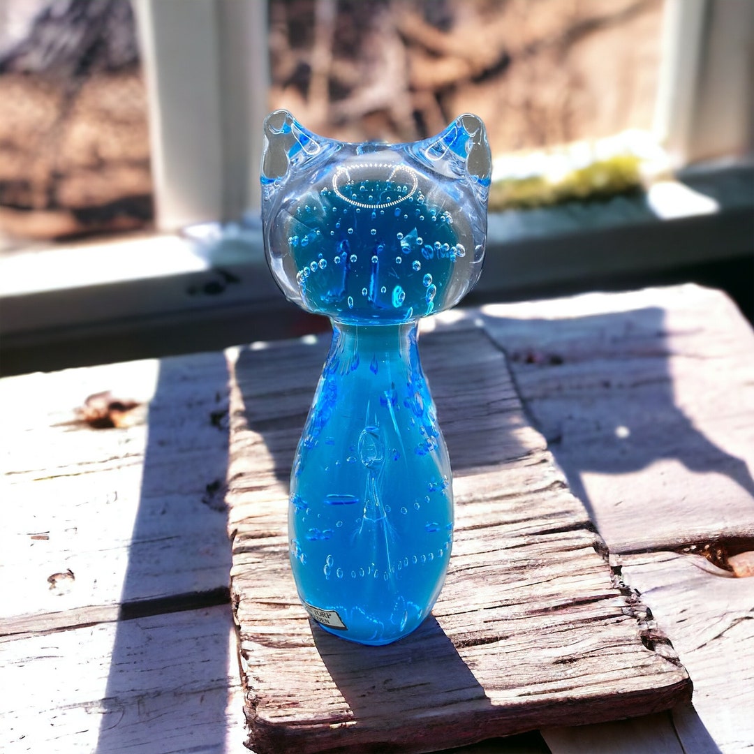 Swedish Vintage Glass Cat From Mantorp Glassworks. From the 1970s. Blue ...