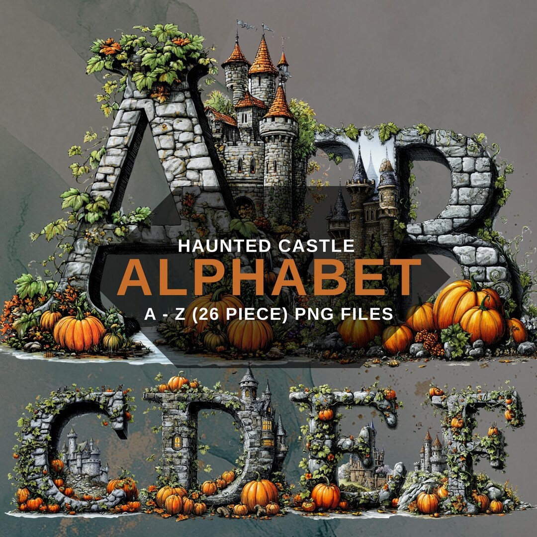 Haunted Castle Alphabet Clipart, 26 PNG Letters With Pumpkins and Vines ...