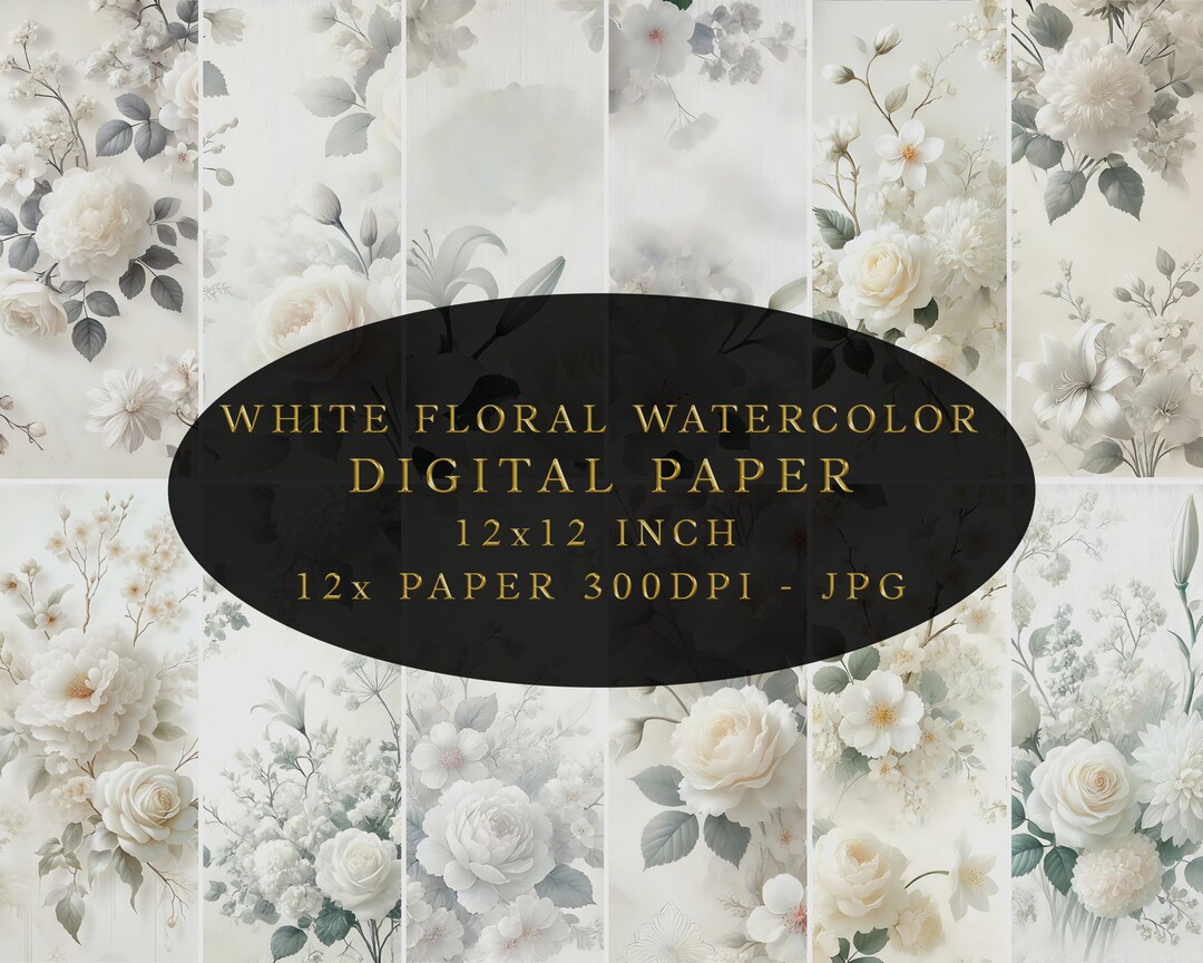 White Floral Watercolor Digital Paper, White Wedding Background, Luxury ...