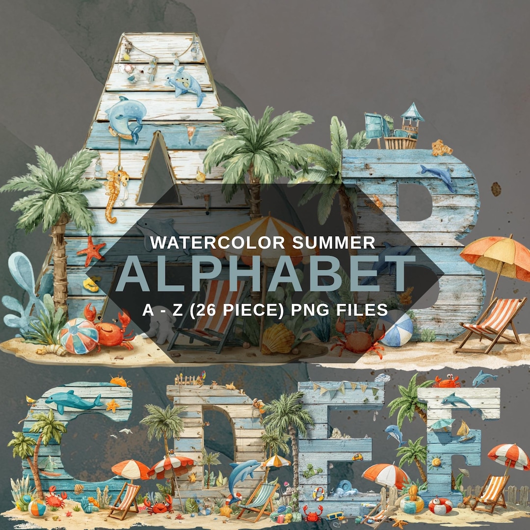 Beach Themed Alphabet PNG, Watercolor Summer Letter Clipart A-Z ...