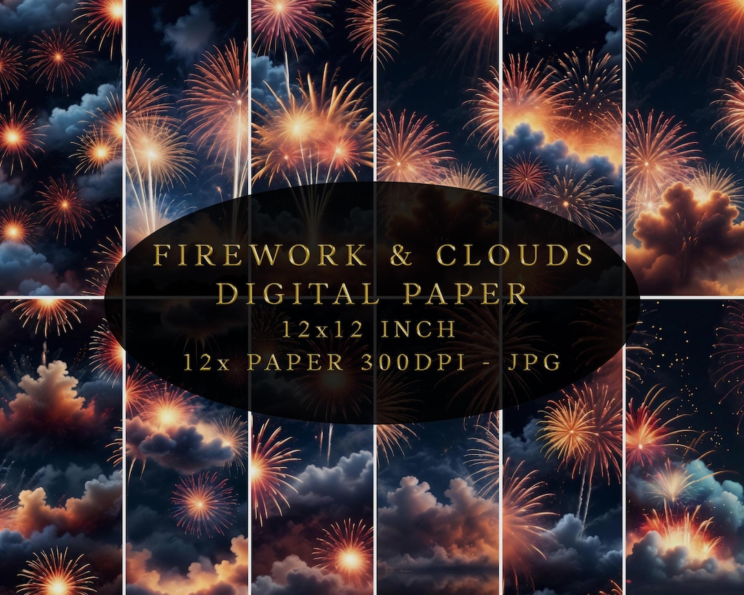 Firework Digital Paper, Fire and Clouds Background, Luxury Pattern, JPG ...