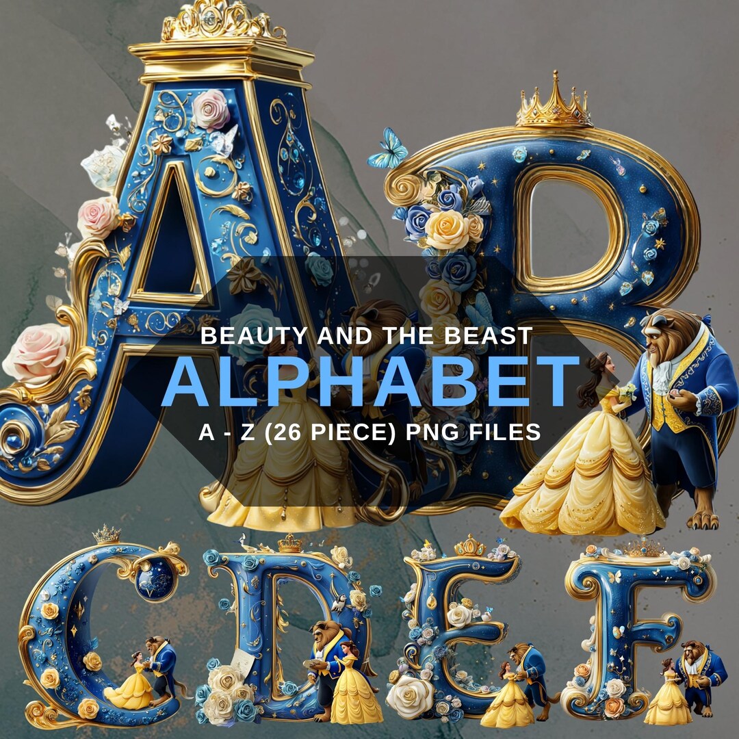Beauty and the Beast Alphabet PNG, Fairytale Blue Gold Letters A-Z ...