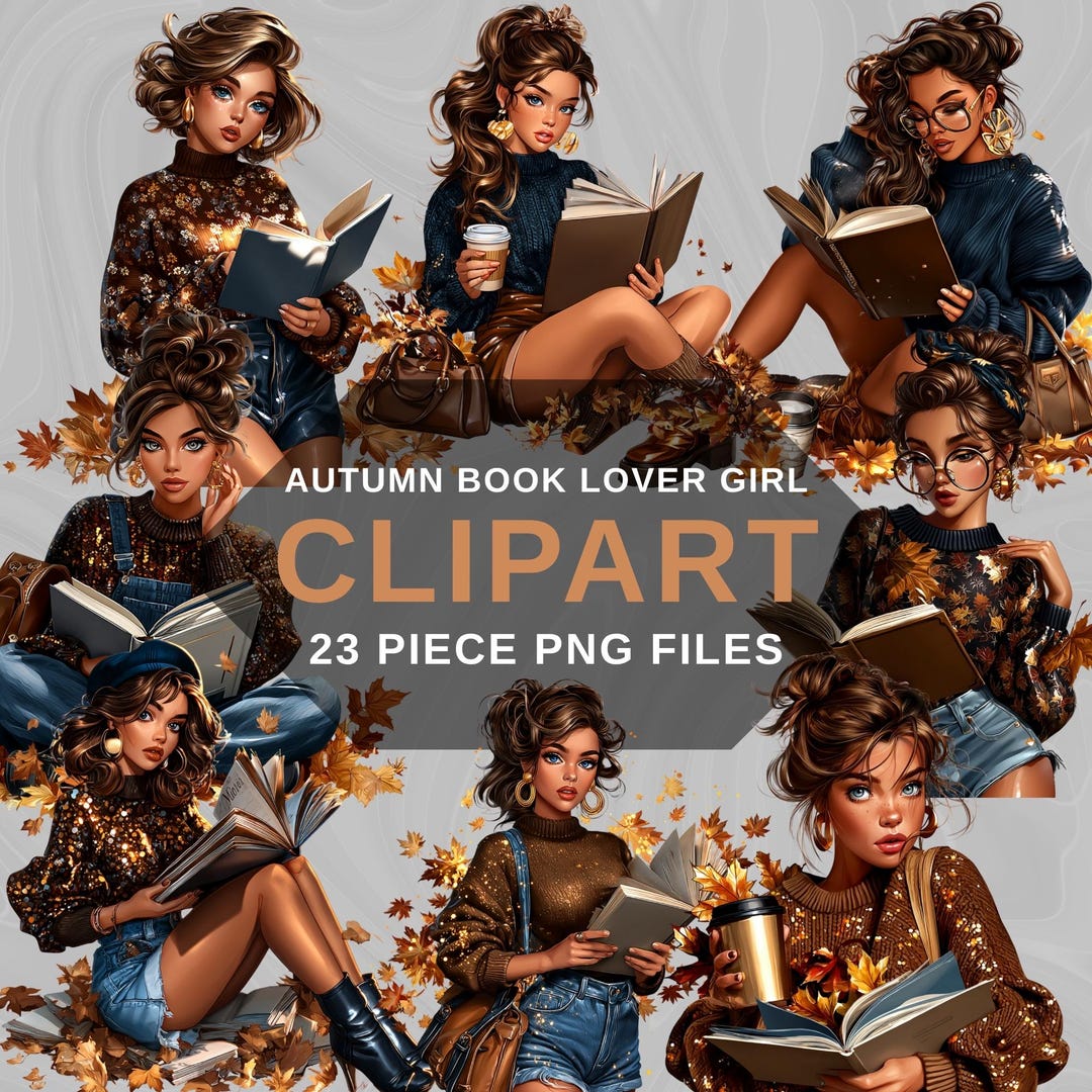 Cozy Fall Girl Clipart Bundle, Autumn Book Lover PNG, Cute Reading Girl ...