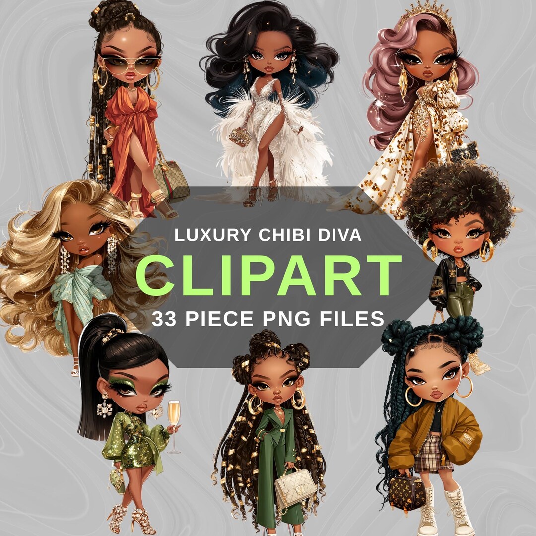 33 Luxury Chibi Diva Clipart, Glam Fashion Girl PNG Bundle, Elegant ...