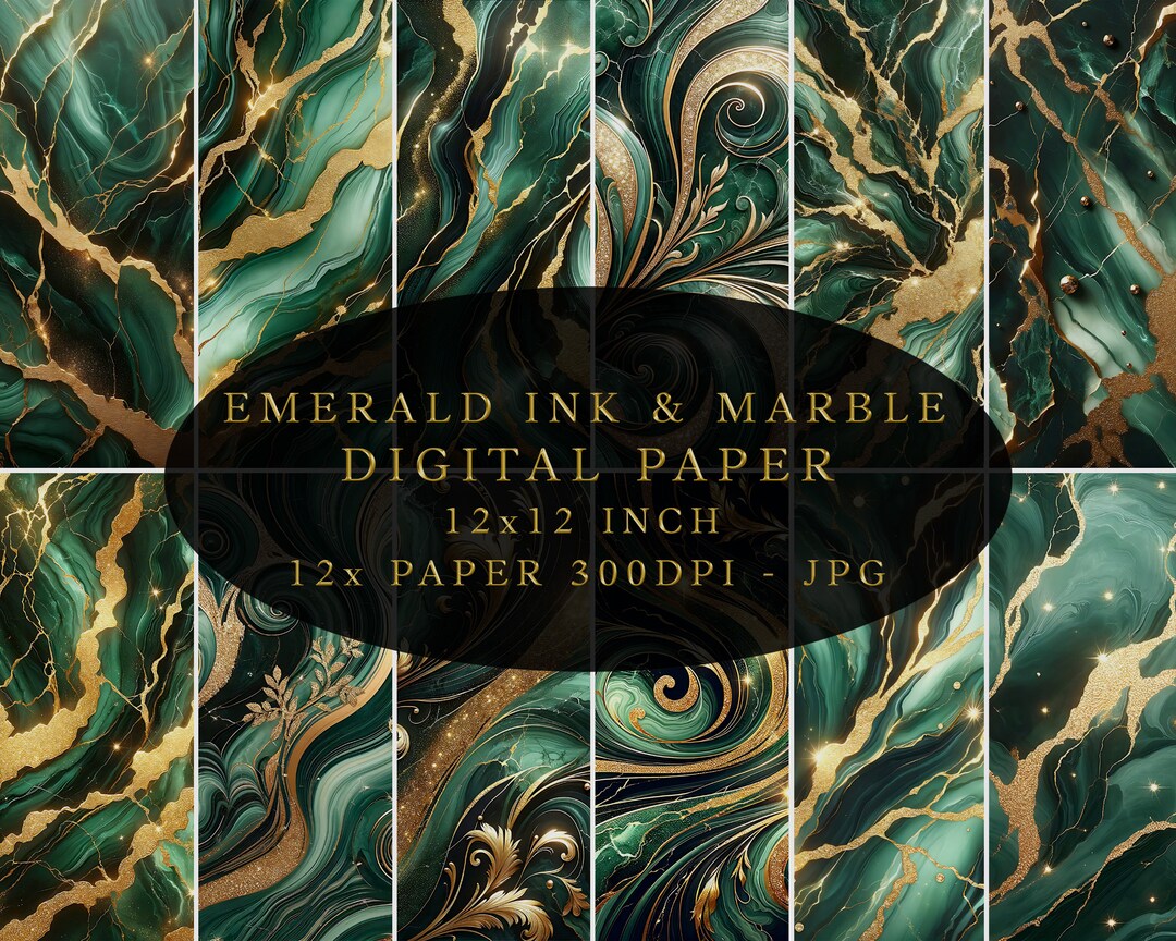 Alcohol Ink Emerald Gold Marble Digital Paper, Glitter, Seamless ...