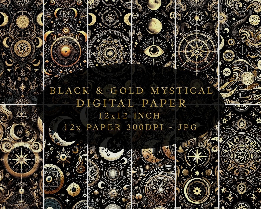 Black & Gold Mystical Digital Paper, Celestial, Seamless Textures, JPG ...