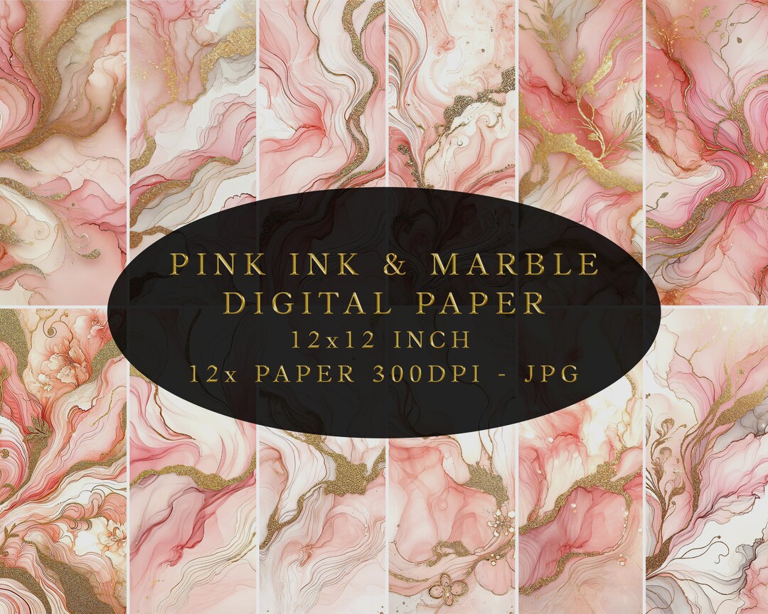 Alcohol Ink Pink Gold Marble Digital Paper, Glitter Background ...