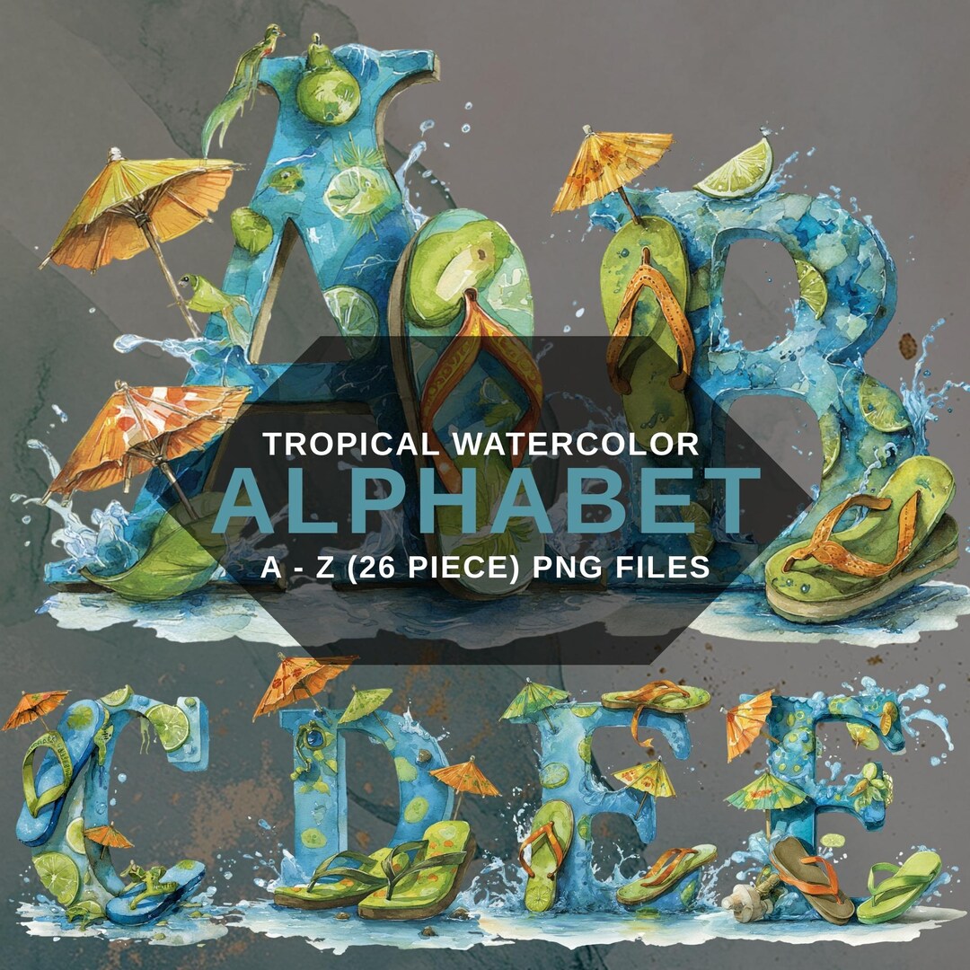 Watercolor Summer Alphabet Clipart PNG, 26 Tropical Letters, Beach ...