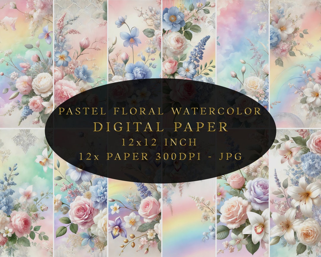 Pastel Floral Watercolor Digital Paper, Pastel Rainbow Wedding ...