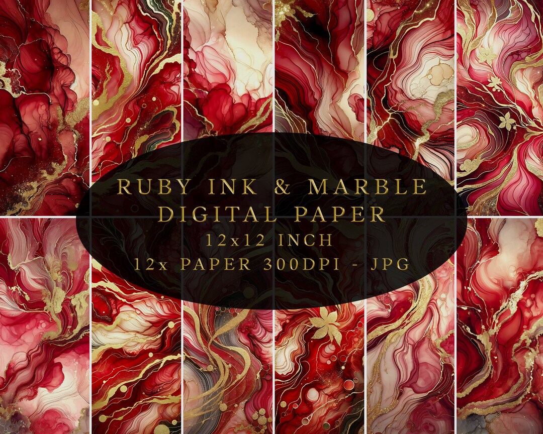 Alcohol Ink Ruby Gold Marble Digital Paper, Glitter Background ...