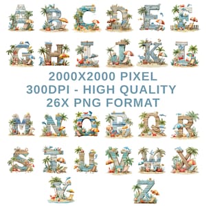 Beach Themed Alphabet PNG, Watercolor Summer Letter Clipart A-Z ...