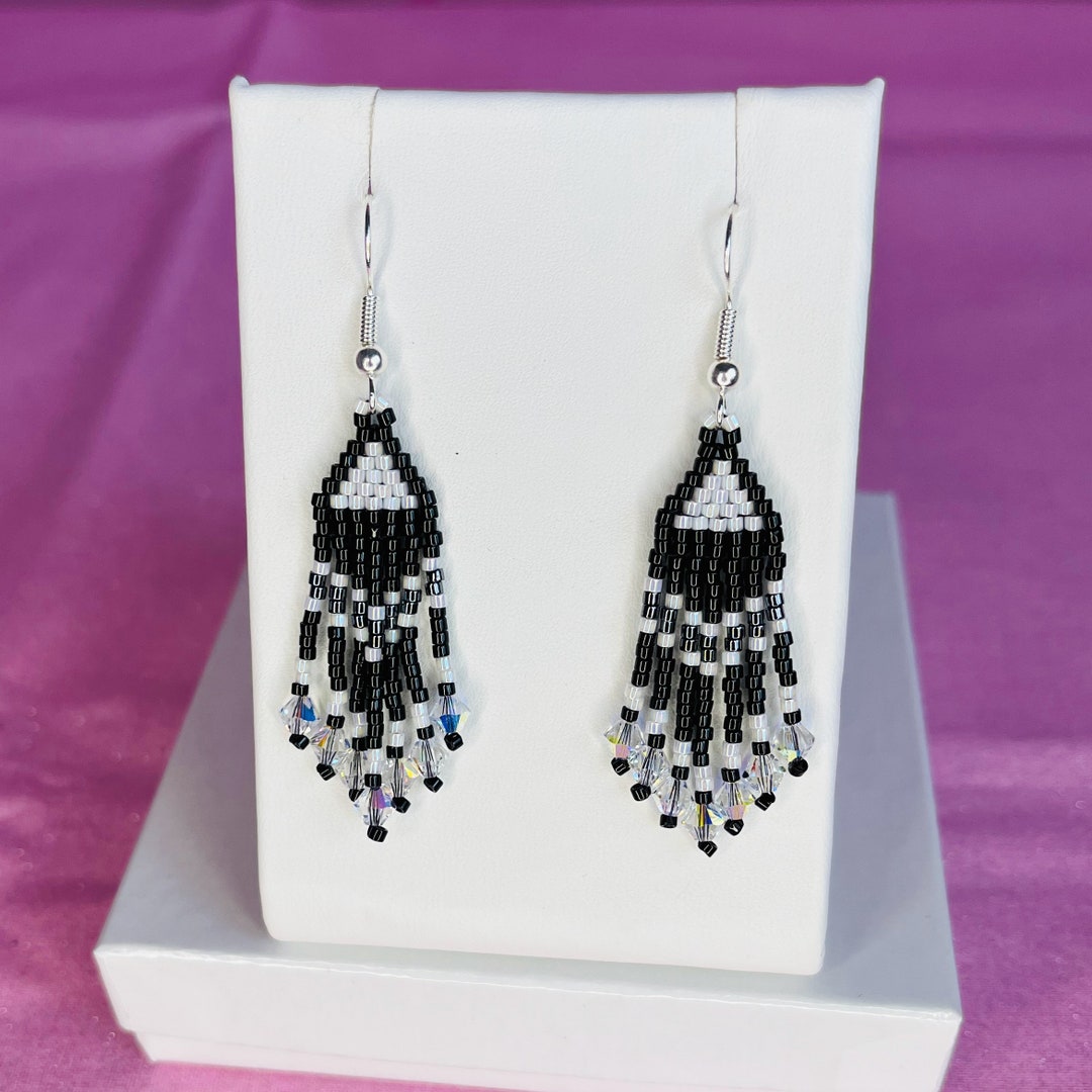Black and White Handmade Beaded Chandelier Earrings - Wednesday Addams ...