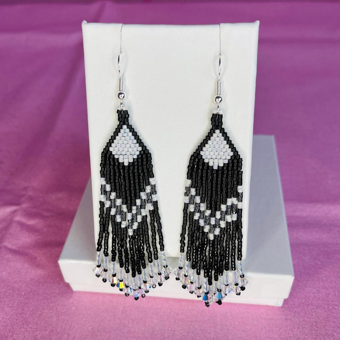 Black and White Handmade Beaded Chandelier Earrings - Wednesday Addams ...