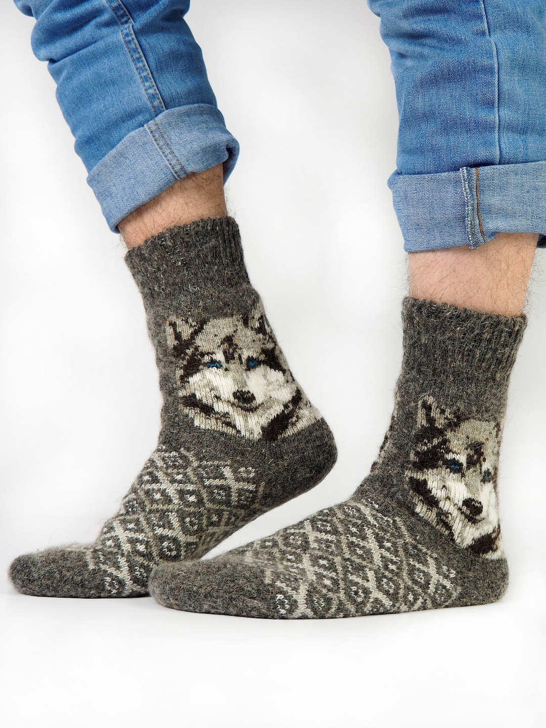 Men's Wool Socks With Wolf Design - Etsy