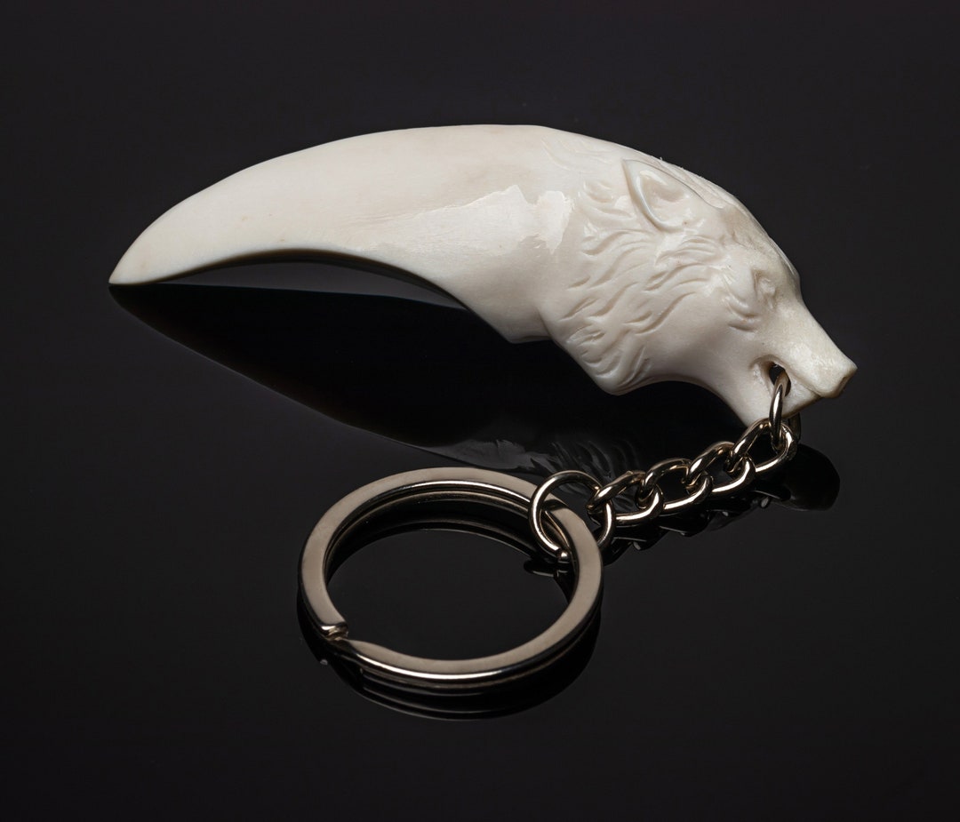 Keychain in the Shape of a Claw With a Wolf's Head Carved - Etsy