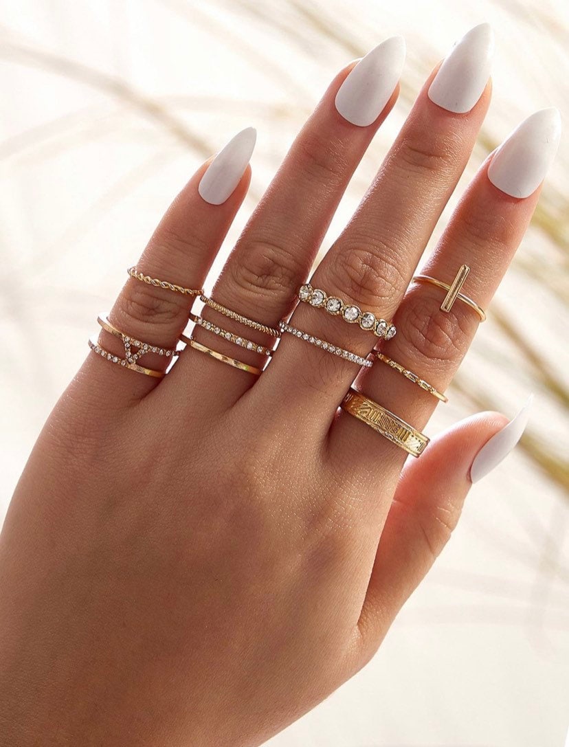 Set Of 8pc Dainty Gold Rhinestone Rings Women's Stackable | Etsy Set Of 8pc Dainty Gold Rhinestone Rings Women's Stackable | Etsy
