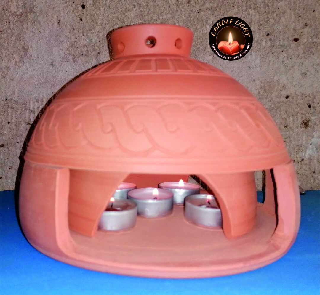 Red Clay Candle Heater and Censer linear Patterns 8.6 Inch., Terracotta ...