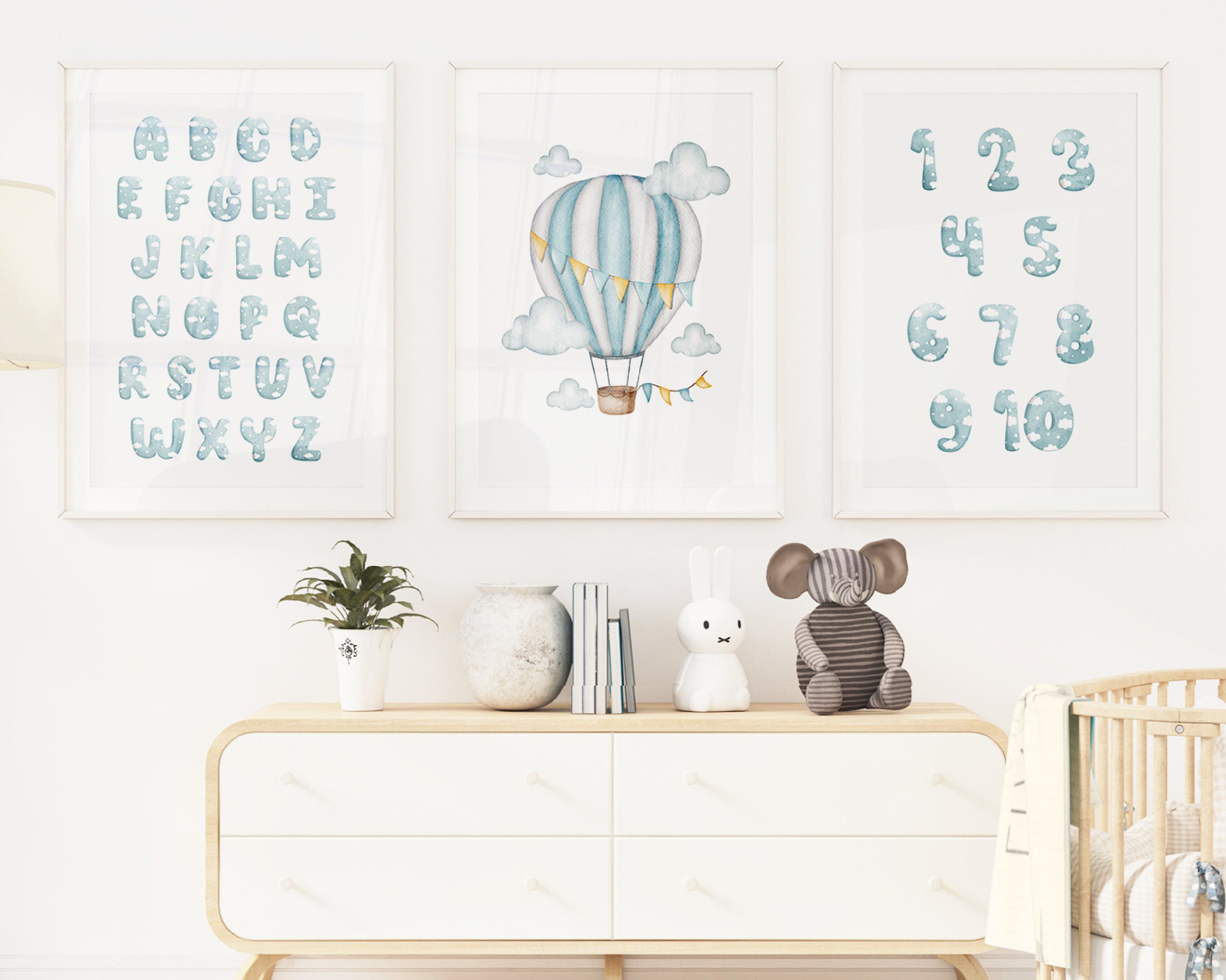 Watercolor Alphabet and Numbers Clouds and Balloon Wall Print, Set of 3 ...
