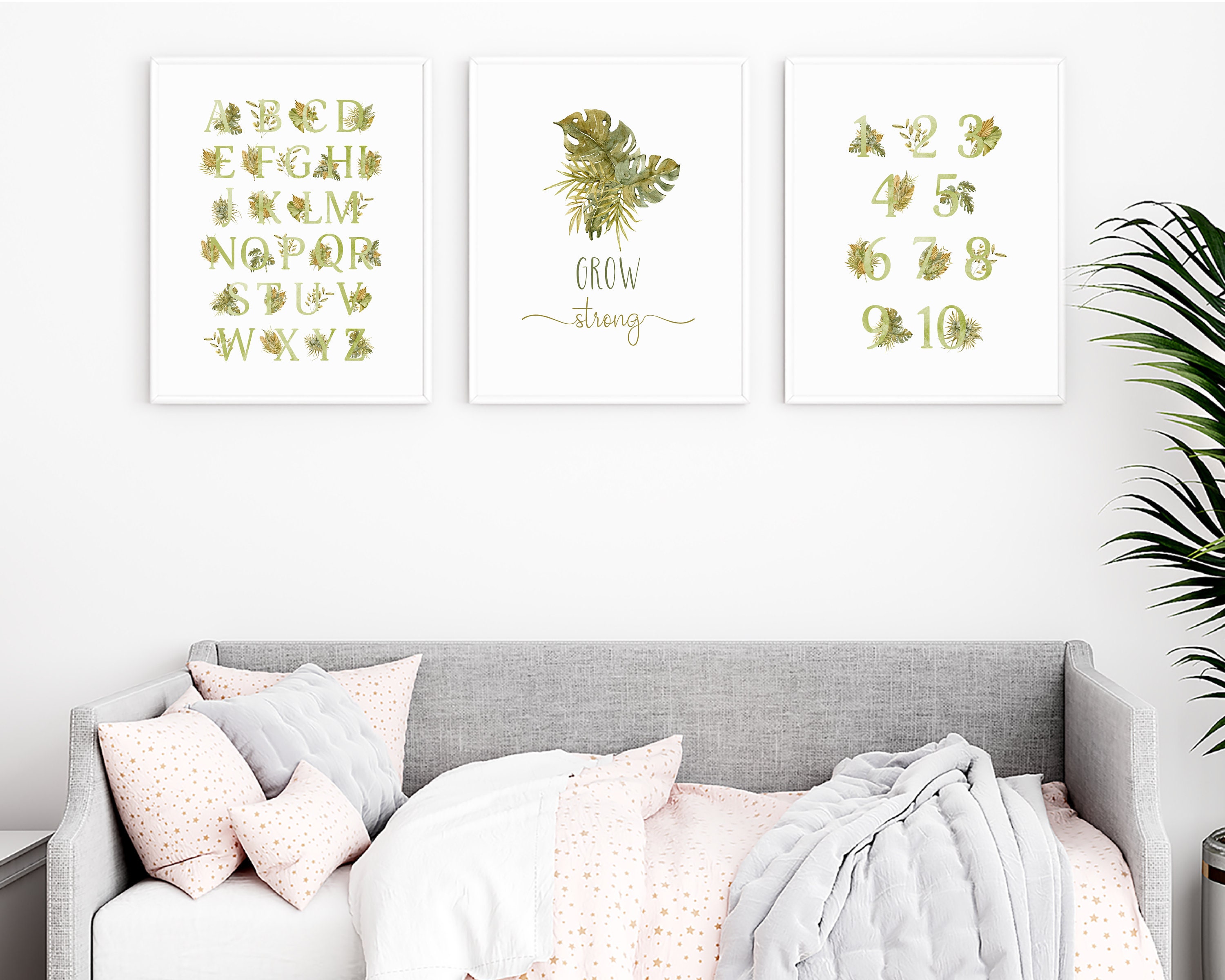 Tropical Leaves Alphabet and Numbers 1-10 Wall Print, Set of 3 Nursery ...