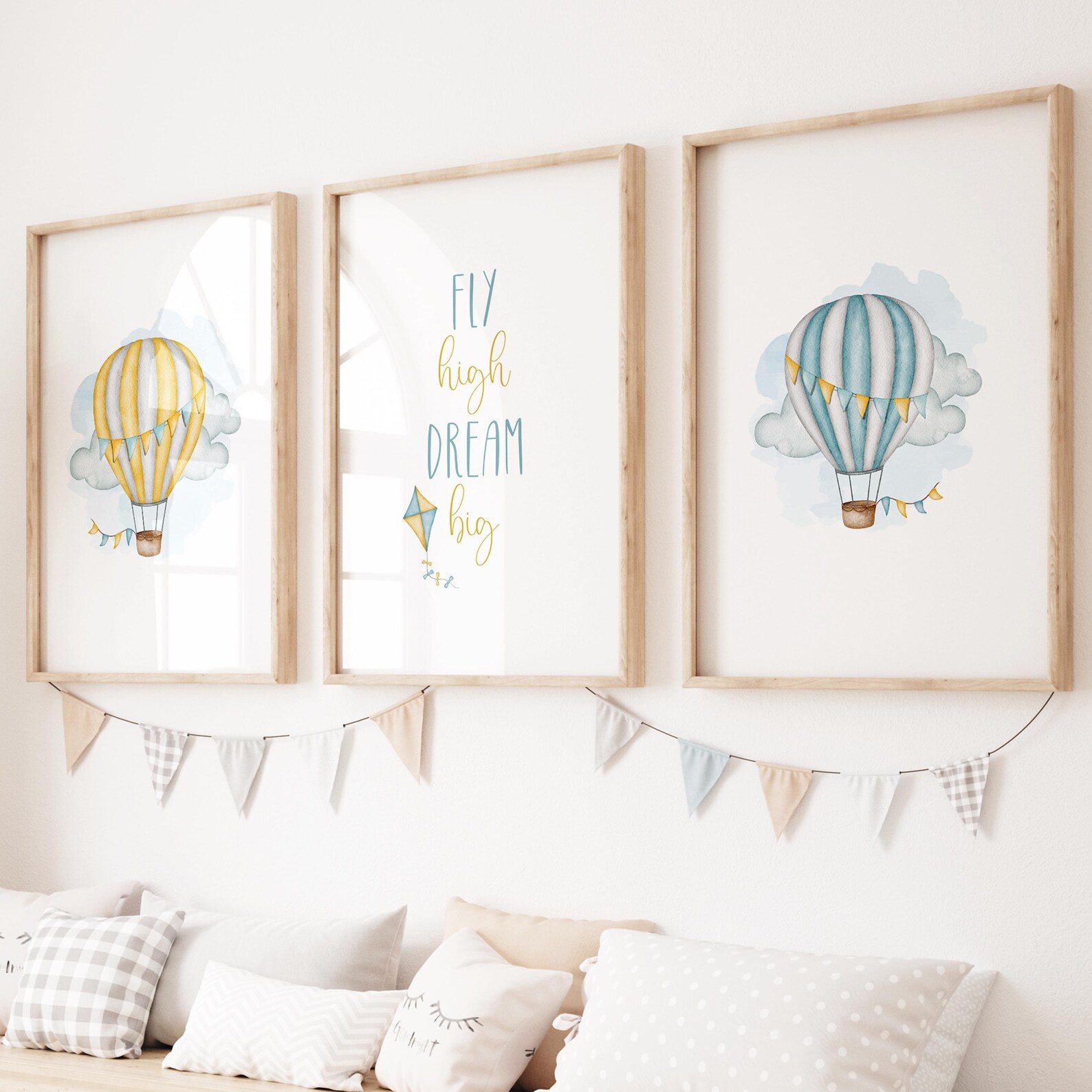 Watercolour Clouds Hot Air Balloon Wall Print, Set of 3 Nursery Art ...