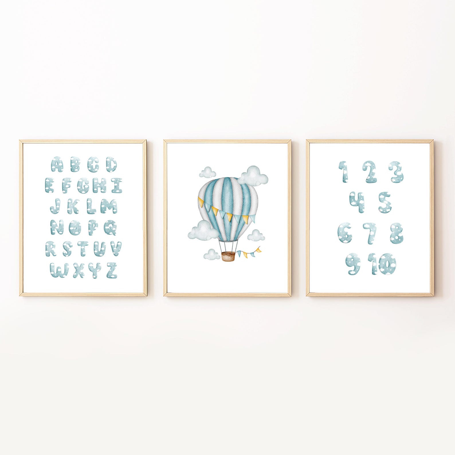 Watercolor Alphabet and Numbers Clouds and Balloon Wall Print, Set of 3 ...