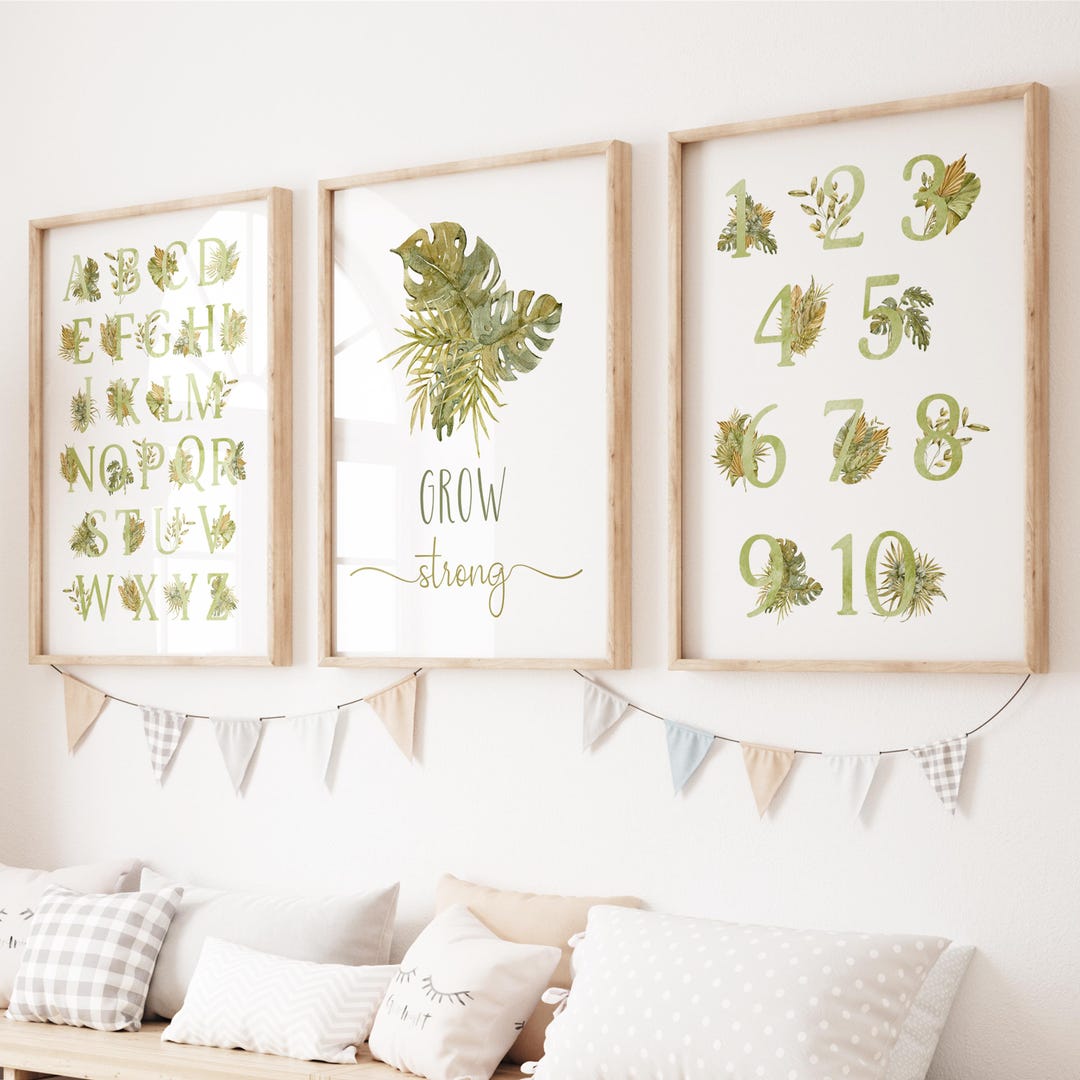 Tropical Leaves Alphabet and Numbers 1-10 Wall Print, Set of 3 Nursery ...