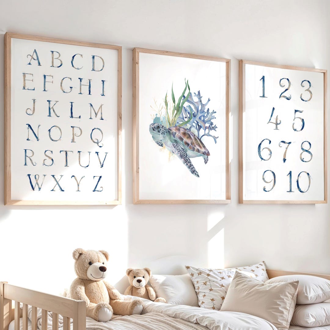 Watercolor Alphabet and Numbers Ocean Turtle Wall Print, Set of 3 ...