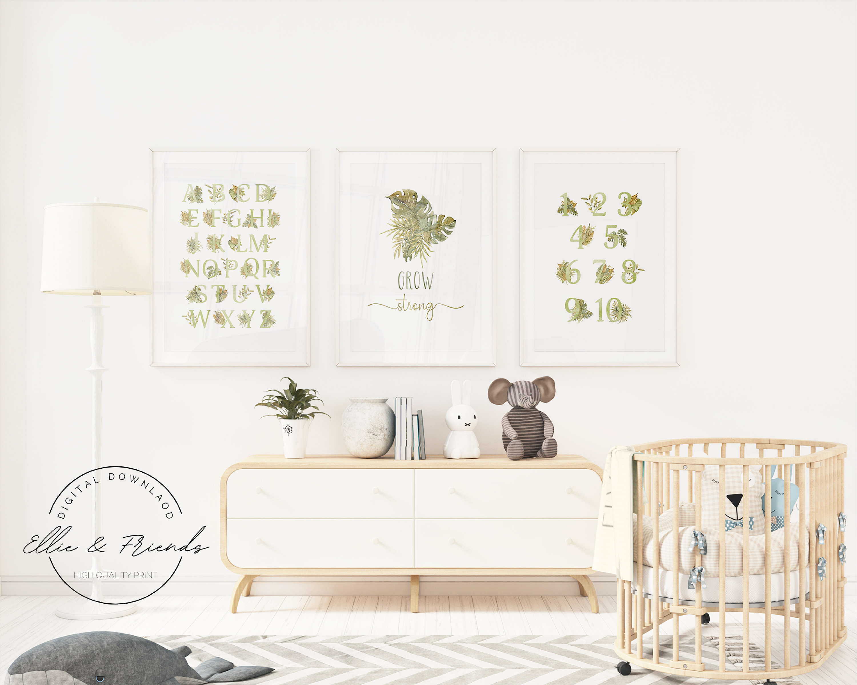 Tropical Leaves Alphabet and Numbers 1-10 Wall Print, Set of 3 Nursery ...